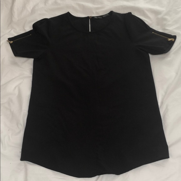 Zara | Tops | Zara Basic Short Sleeve Blouse With Gold Zippers | Poshmark